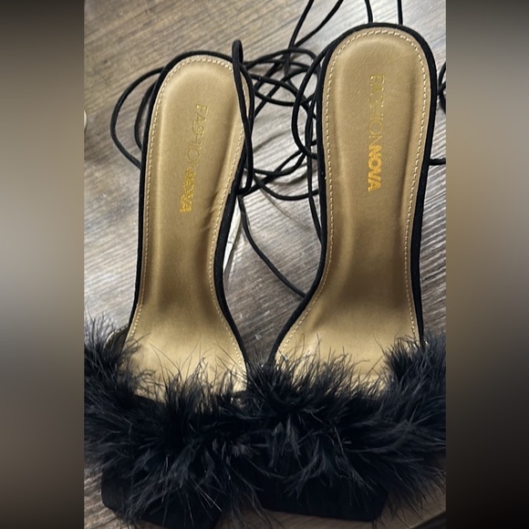 Fashion Nova | Shoes | Fuzzy Faux Feathered Black Square Open Toe W ...